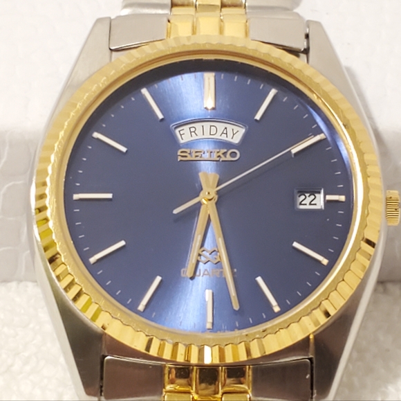 Seiko | Accessories | Vintage Seiko Sq Mens Day Date Watch Stainless Steel Gold Tone Jewel Blue ...